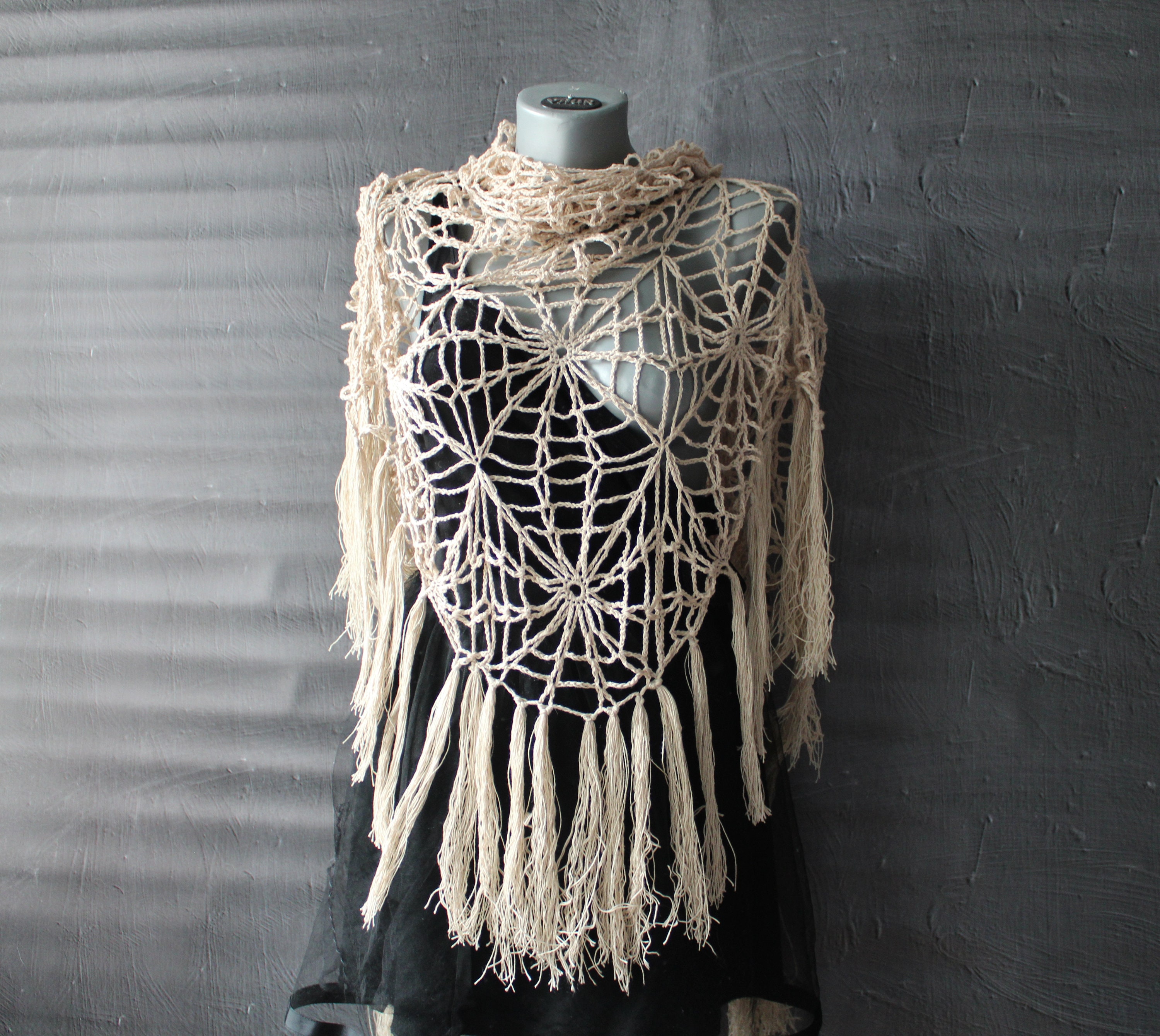 Crochet Spider Web Shawl: Organic Cotton Linen Boho Fringe Wrap - Etsy
