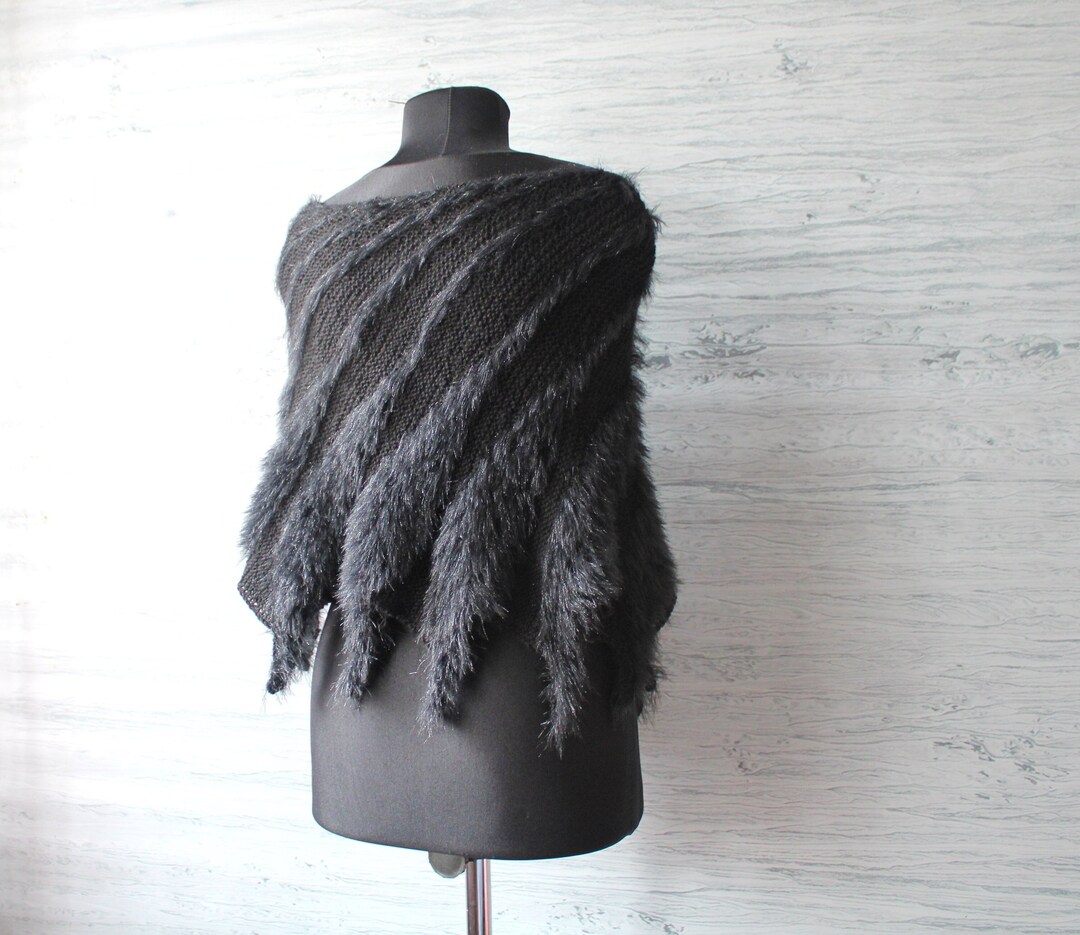 Black Faux Fur Cape Loose Knit Poncho Goth Boho Capelet Fur Shrug ...
