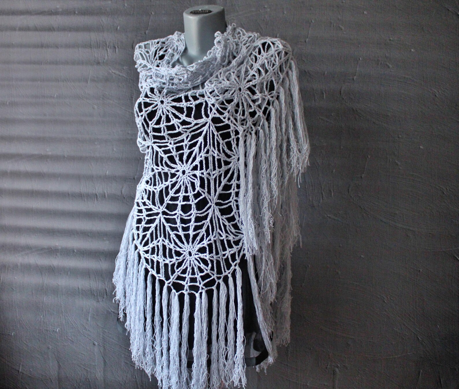 Black Fringe Shawl: Organic Cotton Spider Web Crochet Wrap Halloween ...