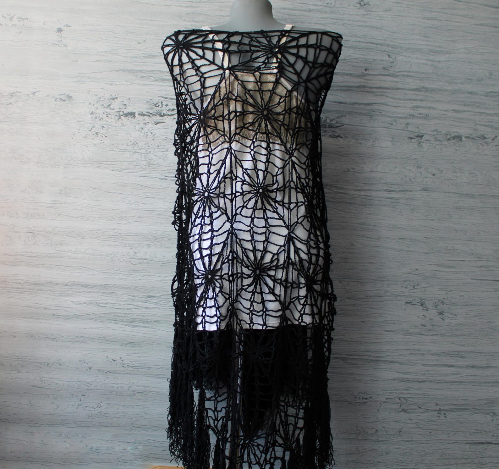 Black Fringe Shawl: Organic Cotton Spider Web Crochet Wrap Halloween ...