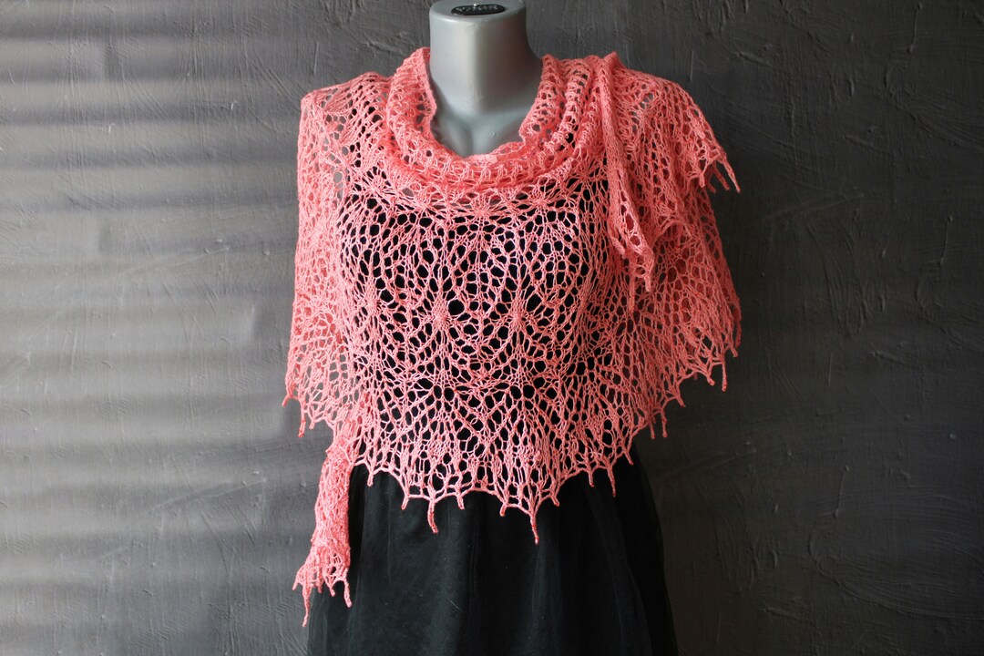 Hand Knitted Linen Lace Shawl: Salmon Pink Wedding Stole - Etsy