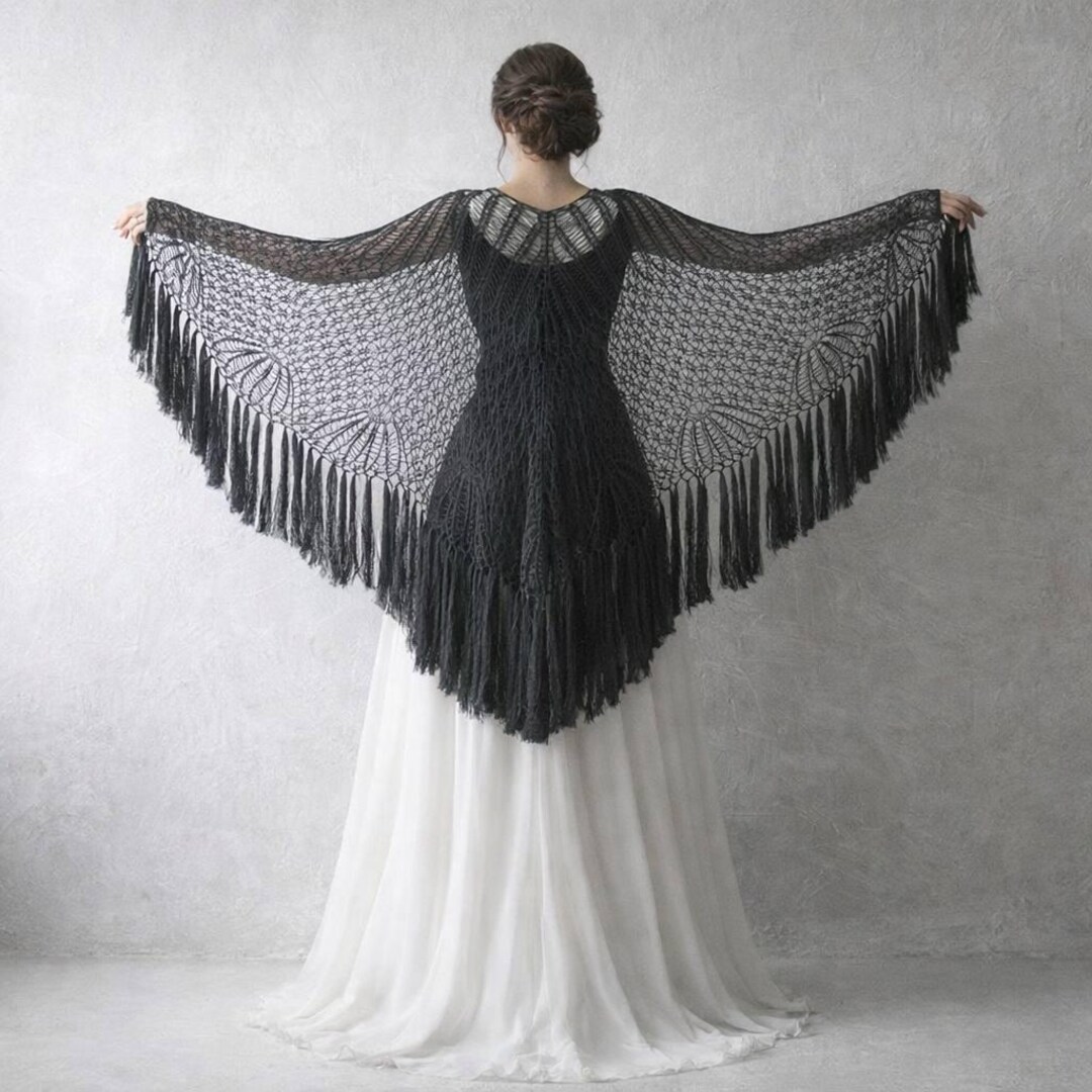 Black Gothic Shawl: Hand Knitted Merino Wool Fringed Shoulder Wrap - Etsy