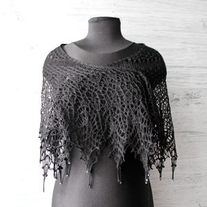 Hand Knit Black Merino Wool Shawl: Beaded Lace Stole, Gothic Witchcore ...