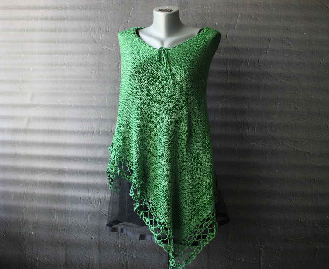Knitted Poncho Shoulder Cape Cottagecore Outfit Emerald Green Summer ...