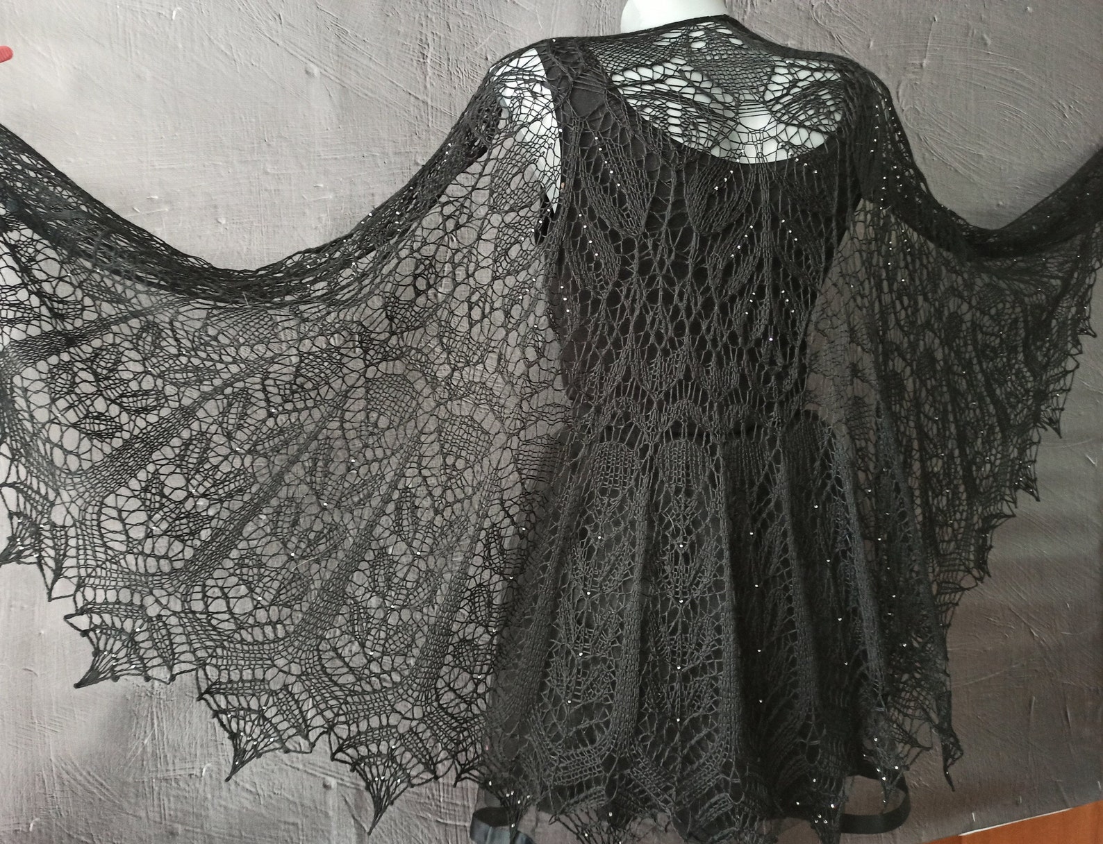 Black Lace Shawl, Gothic Bridal Cape, Victorian Mourning, Hand Knit ...