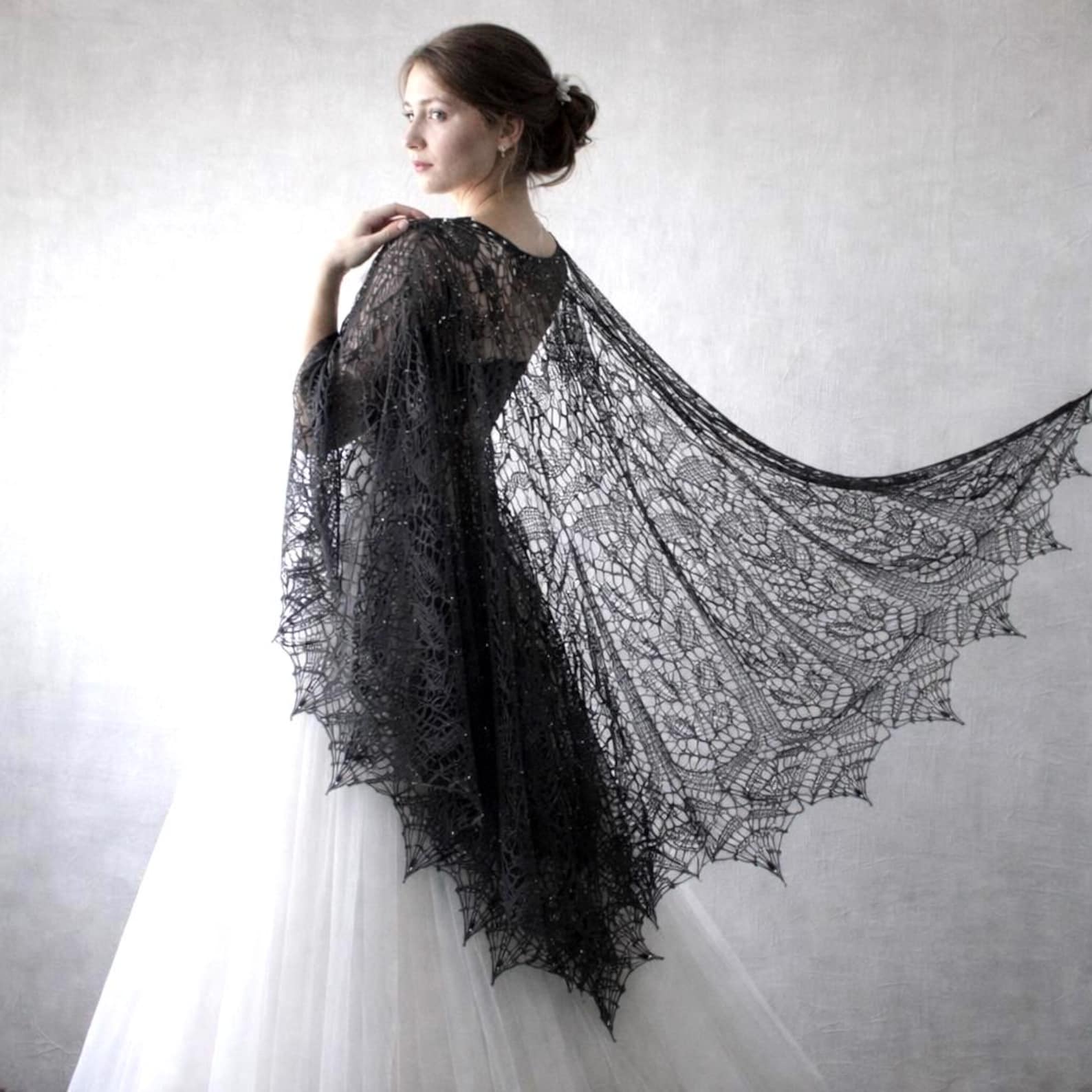 Black Lace Shawl, Gothic Bridal Cape, Victorian Mourning, Hand Knit ...