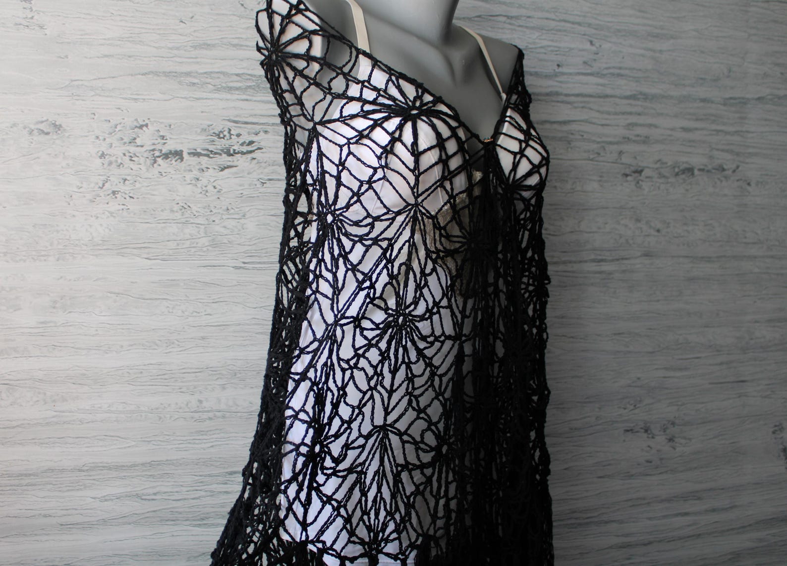 Black Fringe Shawl: Organic Cotton Spider Web Crochet Wrap Halloween ...