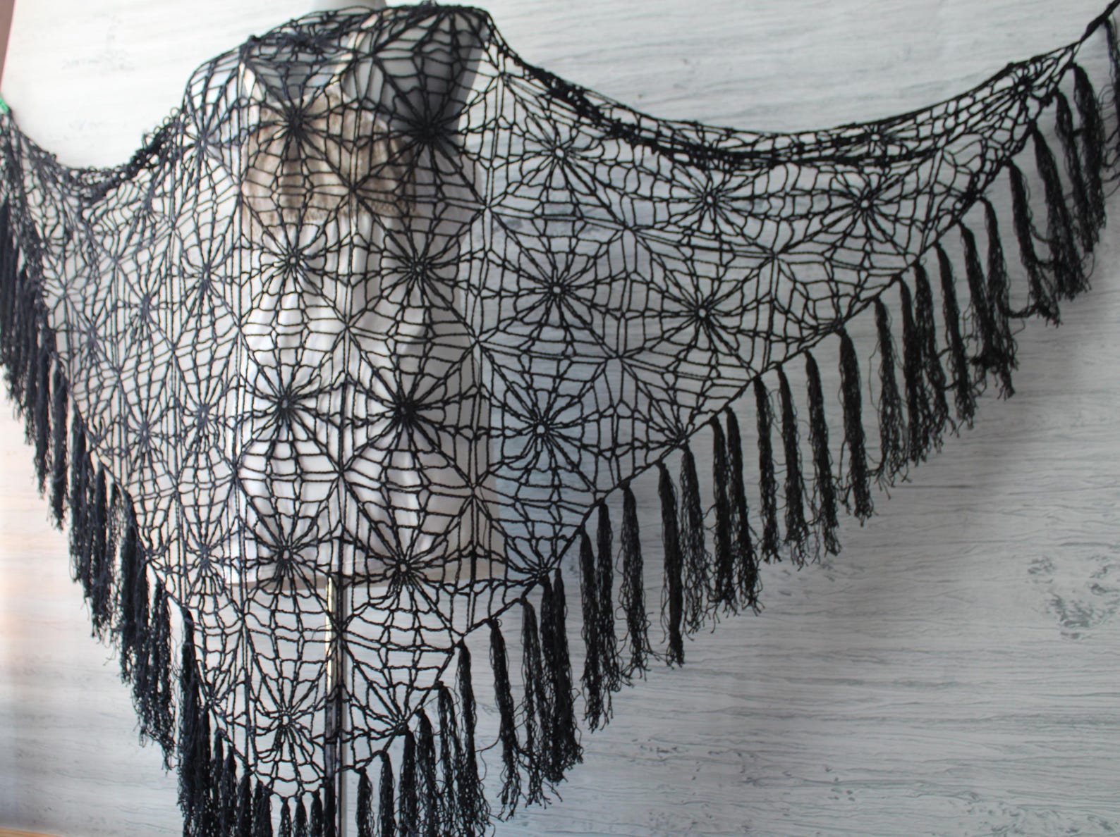 Black Fringe Shawl: Organic Cotton Spider Web Crochet Wrap Halloween ...