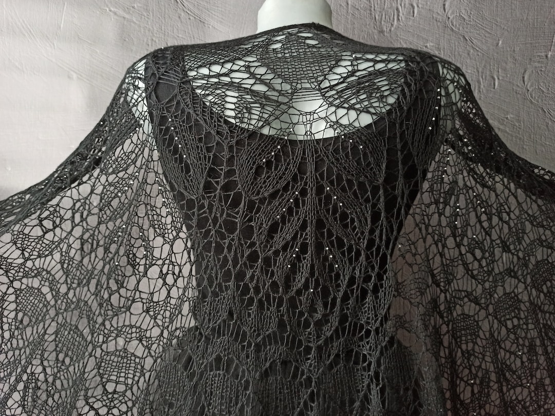 Black Lace Shawl, Gothic Bridal Cape, Victorian Mourning, Hand Knit ...
