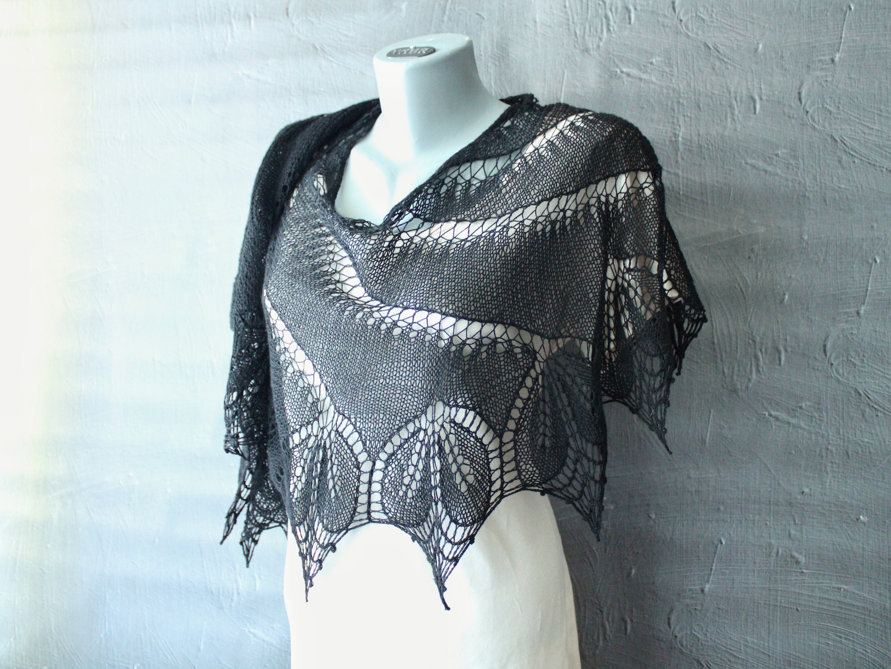 Black Lace Shawl Hand Knit Victorian Mourning Shoulder Wrap Cape Wide ...
