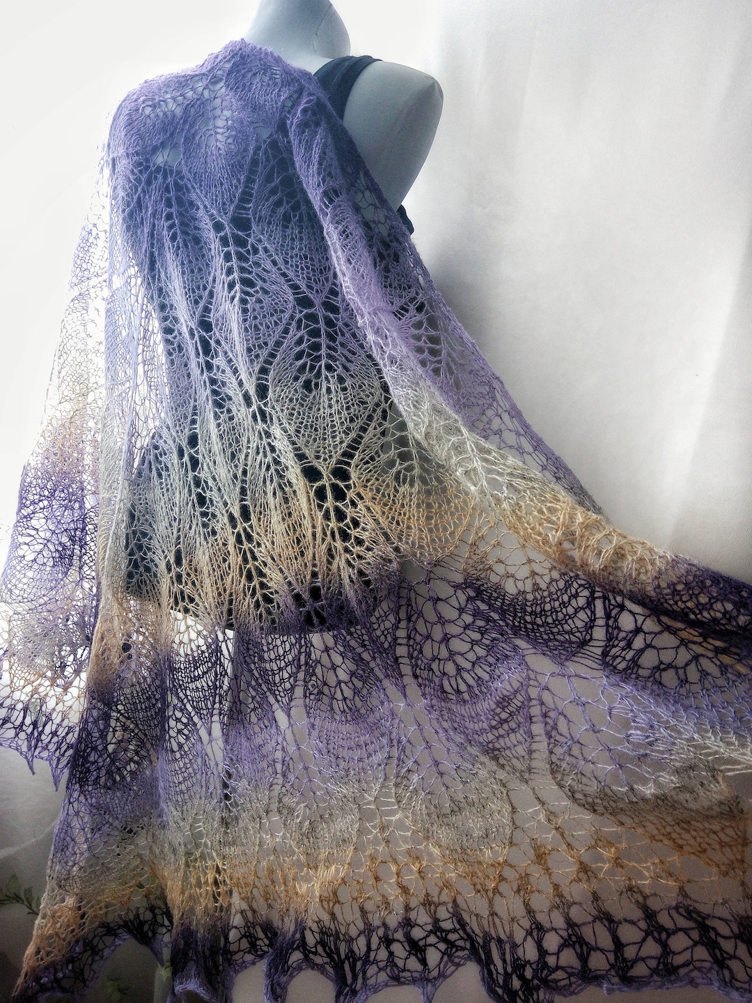 See Through Hand Knit Shawl Large Triangle Ombre Scarf Lace Leaf Shawl ...
