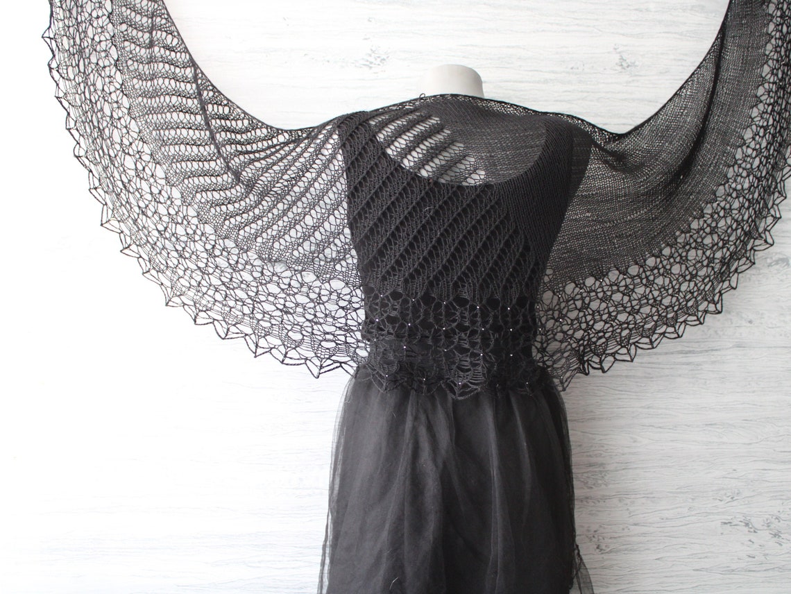 Black Shawl Victorian Mourning Gothic Witch Hand Knit Shawl Wide Scarf ...