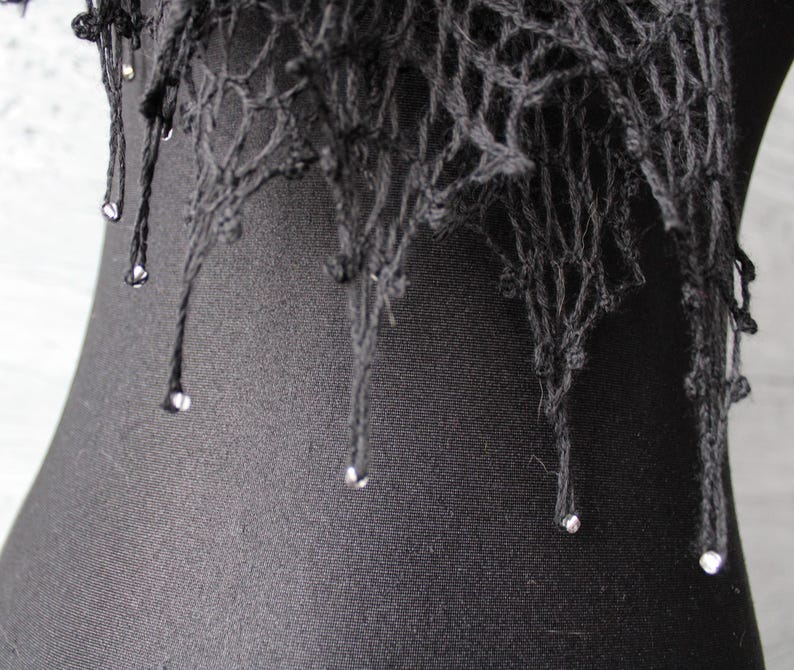 Hand Knit Black Merino Wool Shawl: Beaded Lace Stole, Gothic Witchcore ...