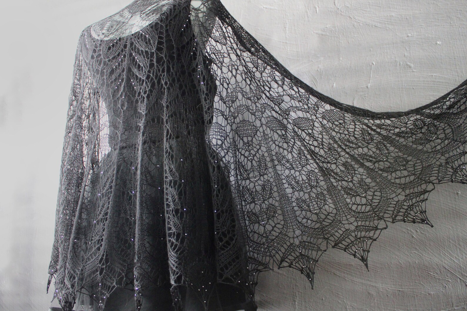 Black Lace Shawl, Gothic Bridal Cape, Victorian Mourning, Hand Knit ...