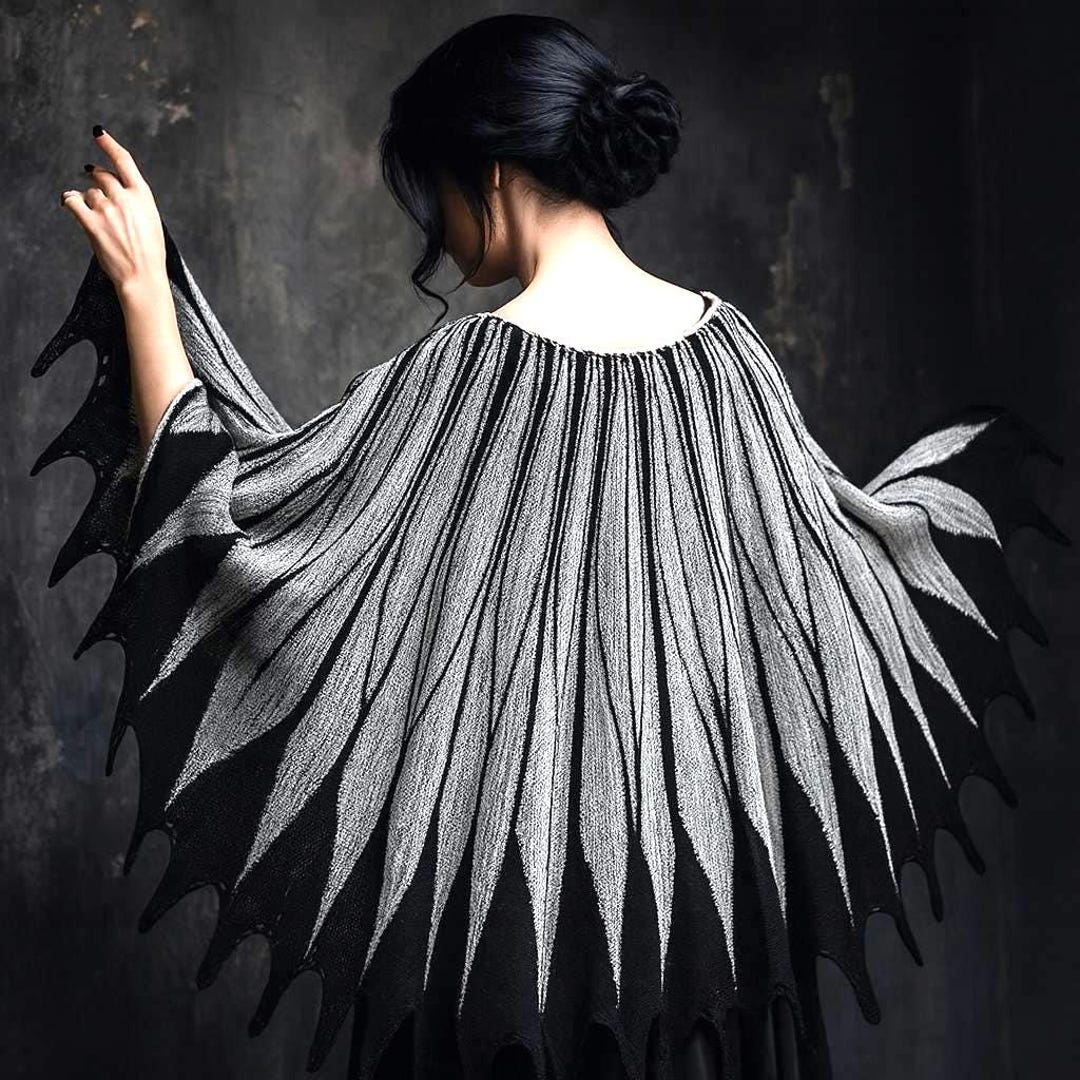 Hand Knit Feather Shawl: Wool Bird Wings Cape - Black & Grey - Etsy