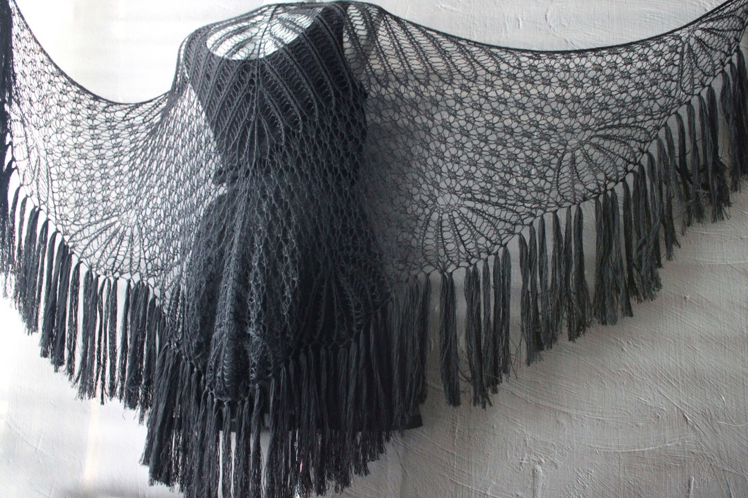 Black Gothic Shawl: Hand Knitted Merino Wool Fringed Shoulder Wrap - Etsy