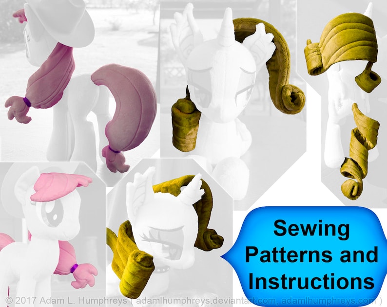 Pony Mane and Tail Plushie Hair Sewing Patterns 6 Pack for Minky Plush ...