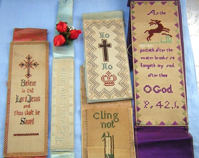 5 Antique, Perforated Paper Embroidery, Religious Bookmarks, on Silk ...