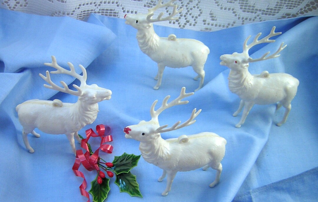4 Vintage White Hard Plastic Reindeer Christmas Ornaments, Ribbon Loop ...