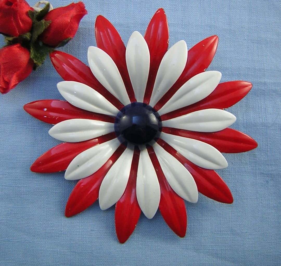 Vintage 1960s Enameled Metal Flower Brooch, Red & White With Blue ...