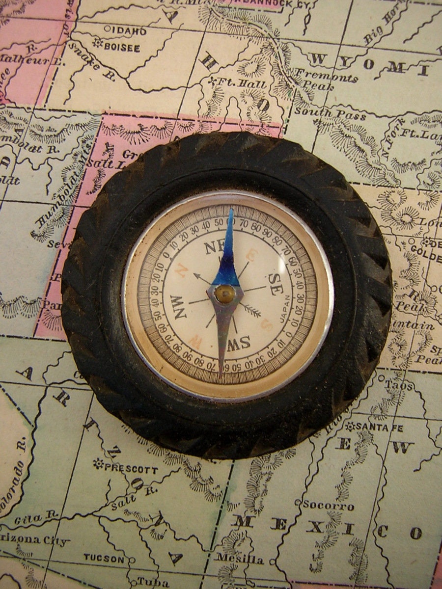 Vintage Pocket Compass, Made in Japan, Wrapped in Rubber Tire Wheel ...