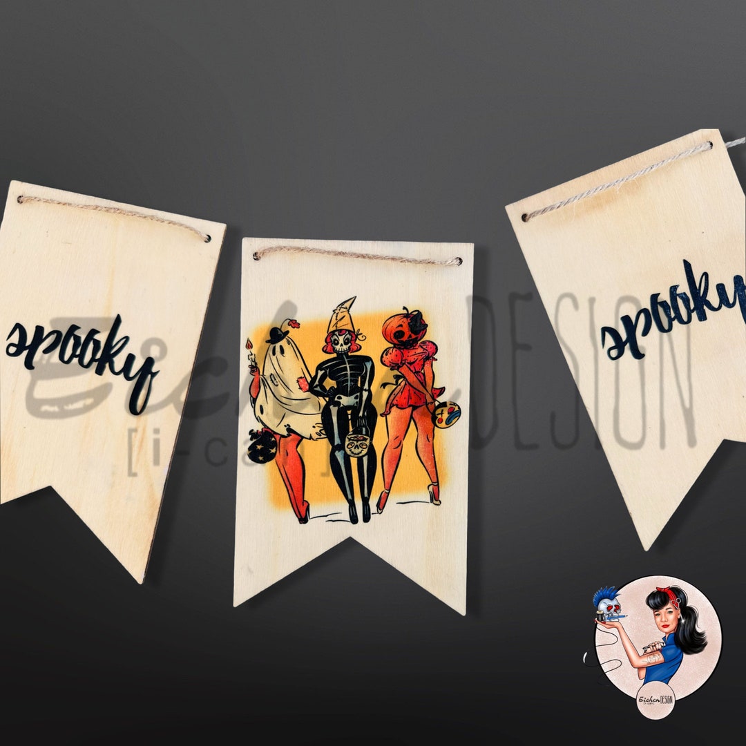 Vintage Spooky Gals Bunting Wood Sign - Etsy