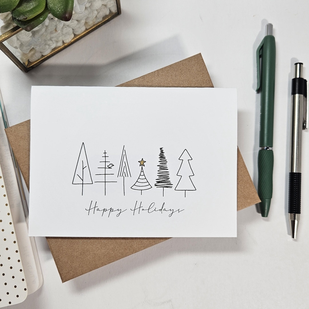 Minimalist Happy Holidays Card With Simple Christmas Trees - Etsy