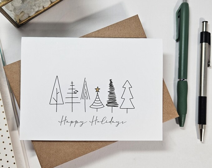 Minimalist Christmas Trees Card, Tree Holiday Card, Merry and Bright ...