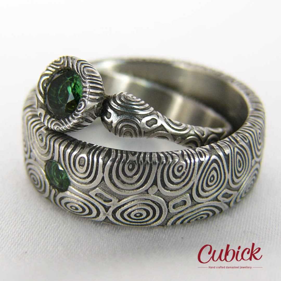 Greenerin Pair Damasteel Weeding Rings With Green Tourmaline/original ...