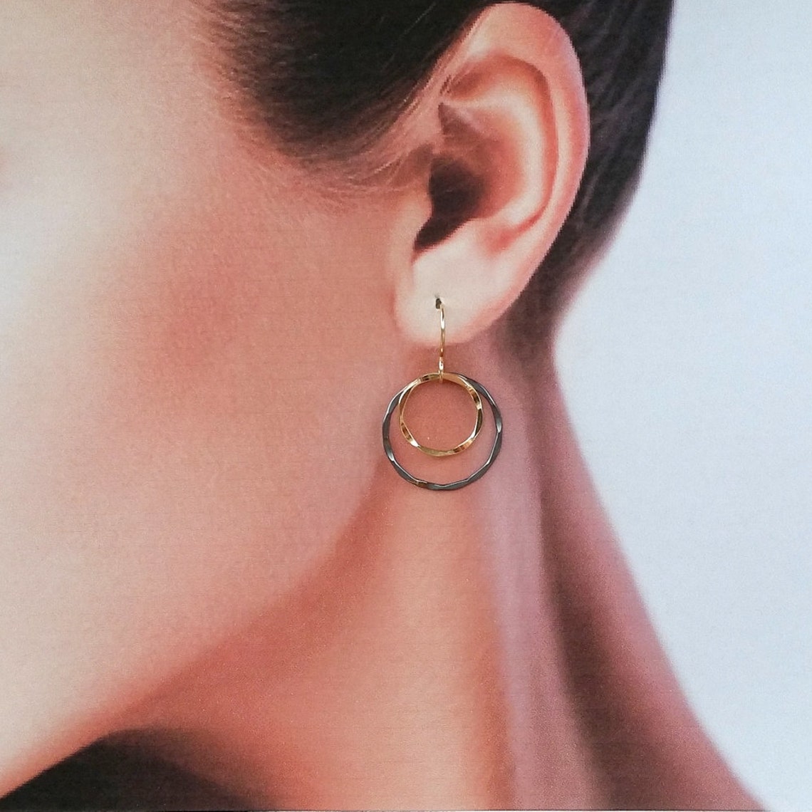 Hammered Mixed Metal Ring Earrings 14K Gold Filled Oxidized - Etsy