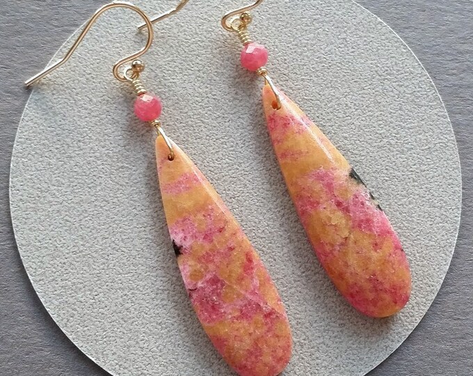 RESERVED Orange Rhodonite Teardrop Earrings, 14K Gold Filled, Natural ...