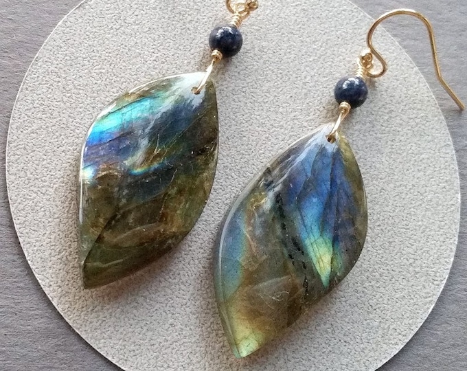 Labradorite Flashy Slab Earrings, 14K Gold Filled, Natural Deep Blue ...