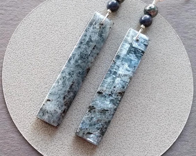 Long Kyanite Obsidian Earrings, 925 Sterling, Oxidized Silver, Natural ...