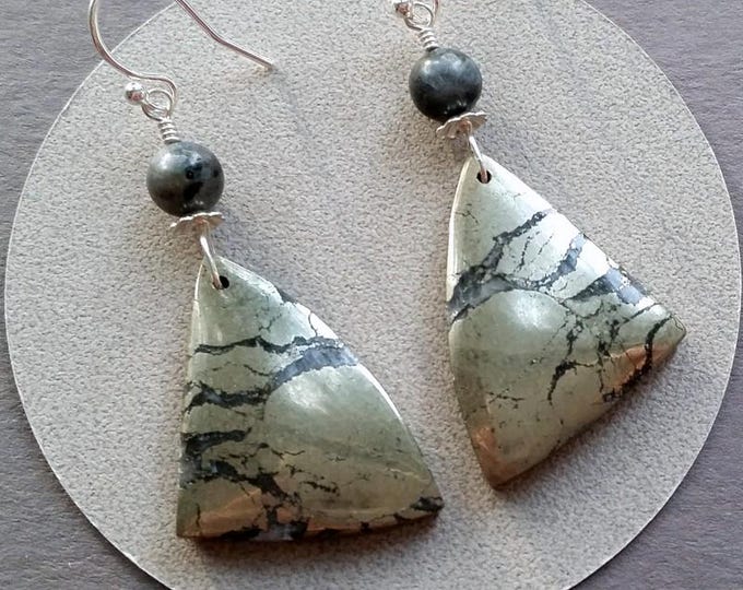 Apache Gold Slab Earrings, 925 Sterling Silver, Norwegian Larvikite ...