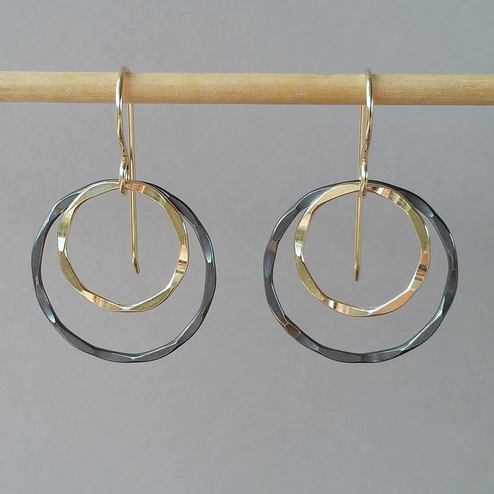 Hammered Mixed Metal Ring Earrings 14K Gold Filled Oxidized - Etsy