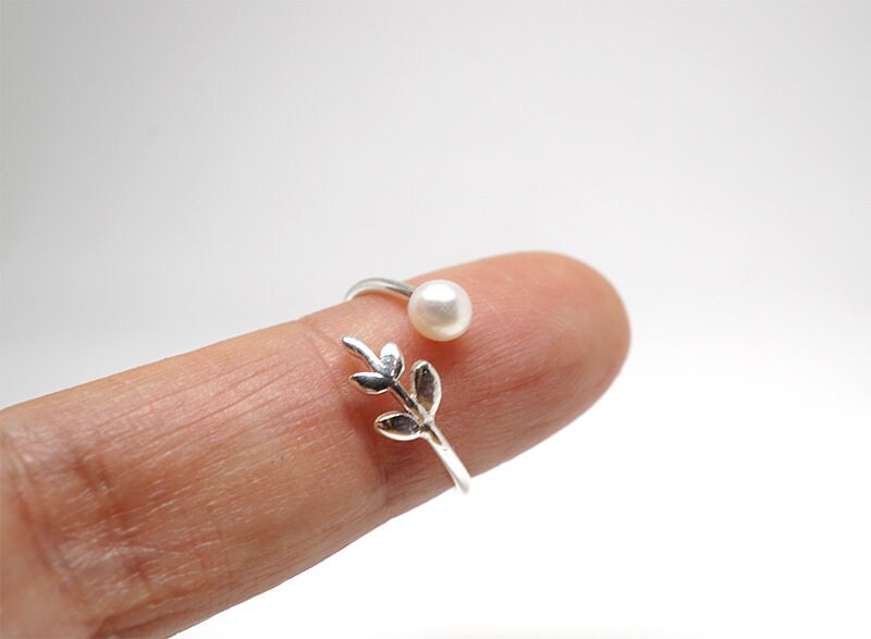 White Round Pearl Open Ring in Sterling Silver With Leaves | Etsy