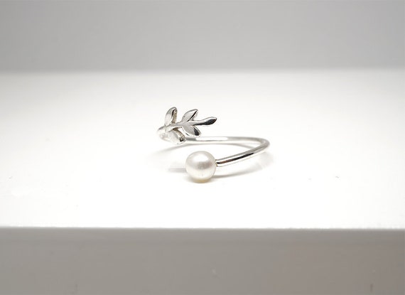 White Round Pearl Open Ring in Sterling Silver With Leaves | Etsy