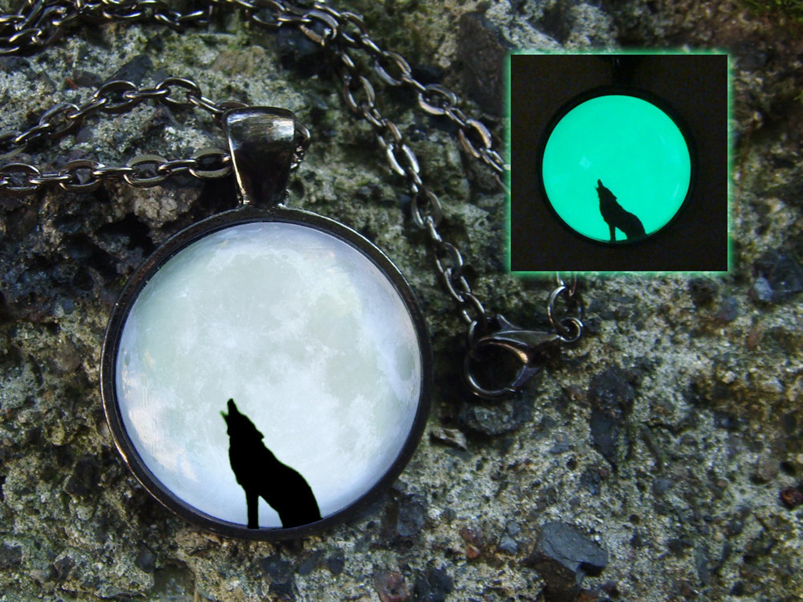 Wolf Necklace Glowing Pendant Glow in Dark Wolf Jewelry Glowing Moon ...