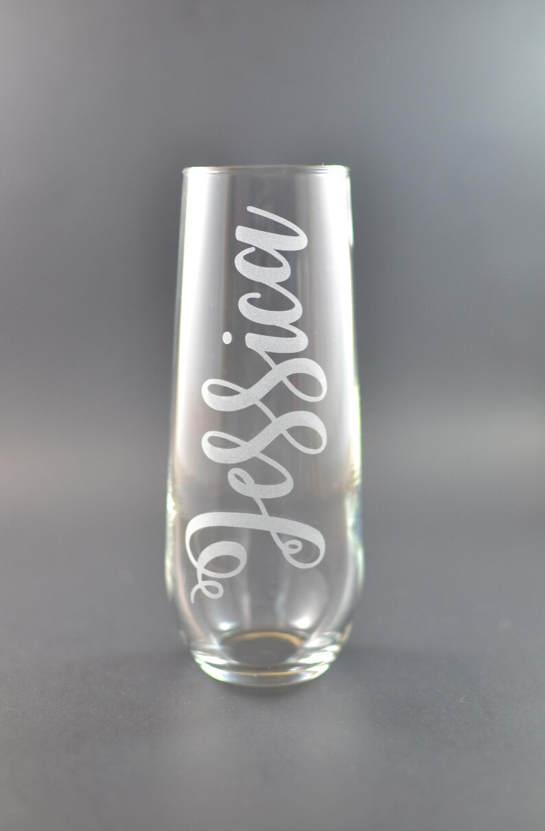 Personalized Stemless Champagne Flute: Etched Bridesmaid Toasting Flute ...