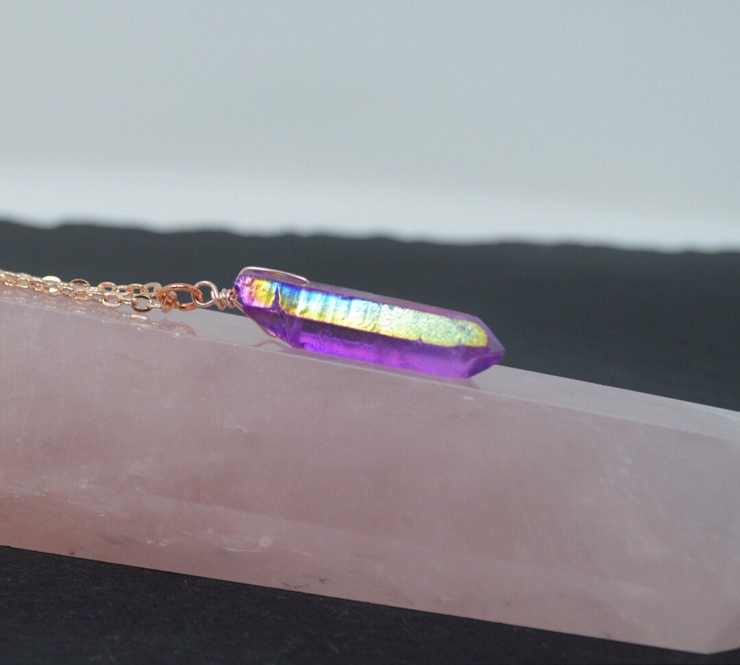 Ruby Aura Quartz Necklace: Crystal Pendant, Rose Gold Plated Chain ...
