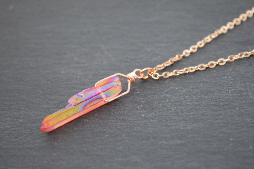 Rose Gold Flame Aura Necklace - Natural Quartz Crystal, Long Layering ...