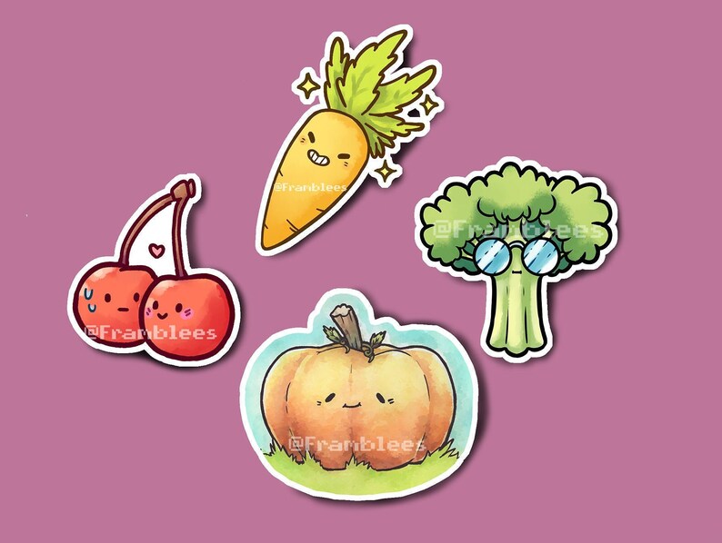 Fruits & Veggies Sticker Pack (1-2 Inch, 4 Weather-proof Vinyl Stickers ...
