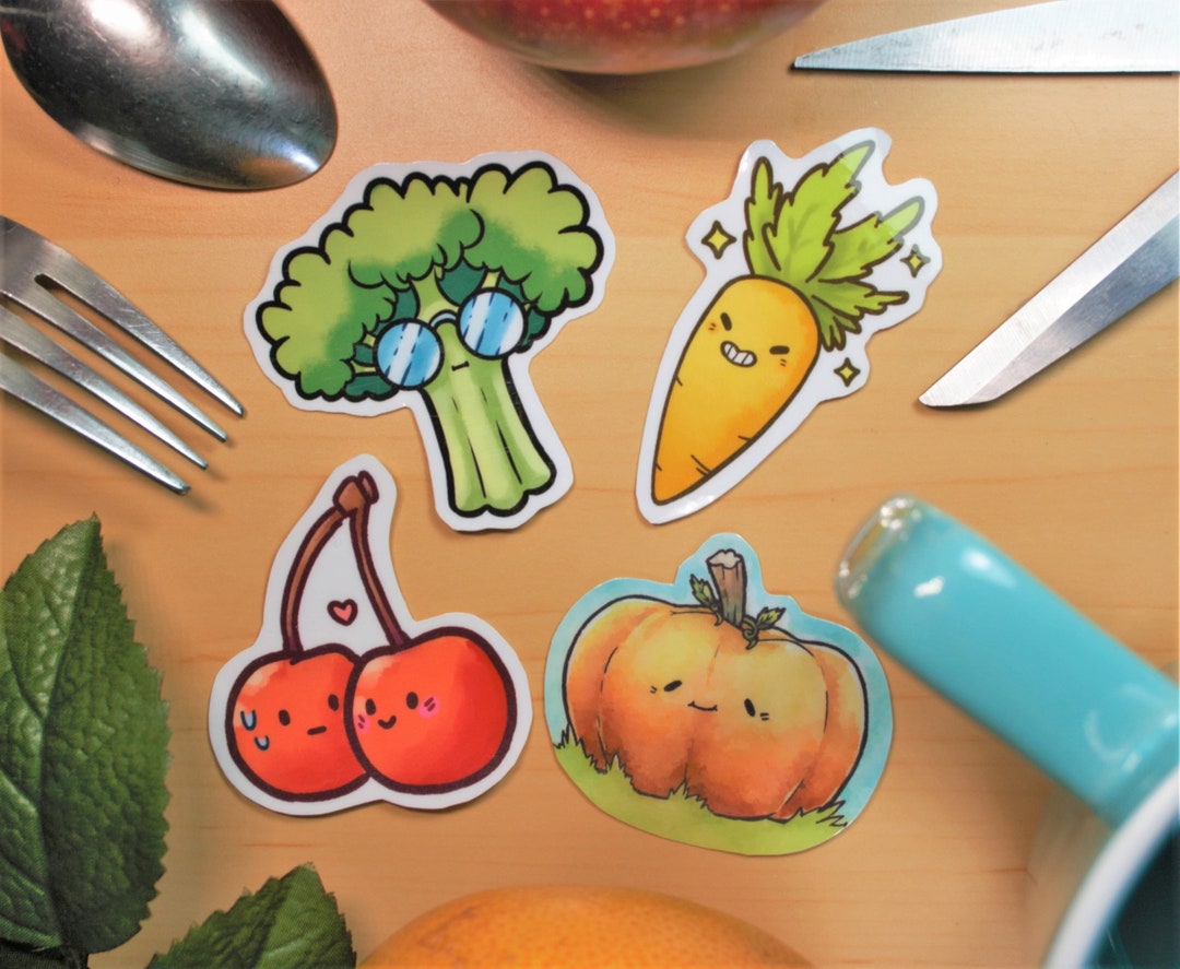 Fruits & Veggies Sticker Pack (1-2 Inch, 4 Weather-proof Vinyl Stickers ...