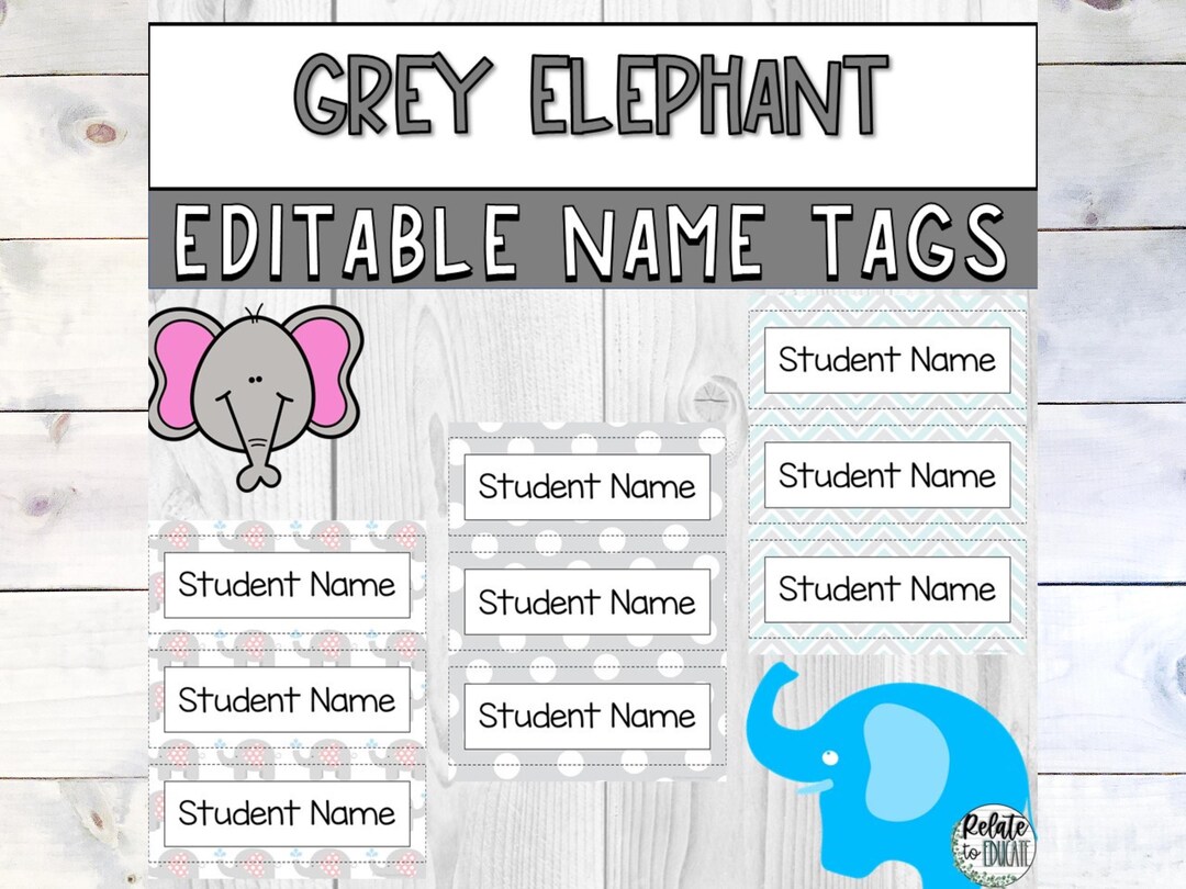 Gray Elephant Name Tags | Neutral Safari Classroom Decor ( Editaable ...