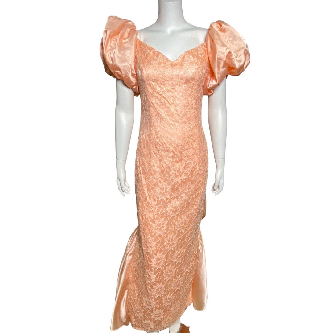 Vintage 80s Peach Prom Dress Gown Size 10, Puff Sleeves, Lace Overlay ...