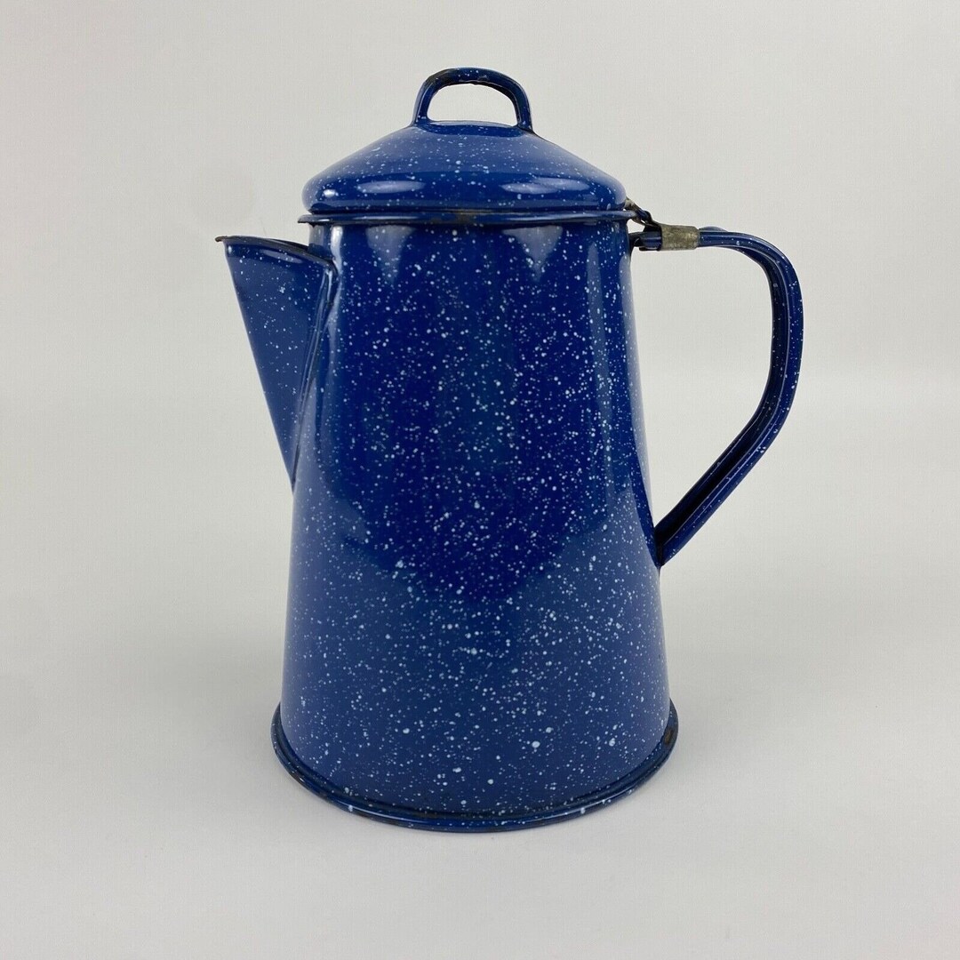 Enamel Speckled Coffee Pot, Blue Tea Kettle, Hinged Lid, Unbranded ...