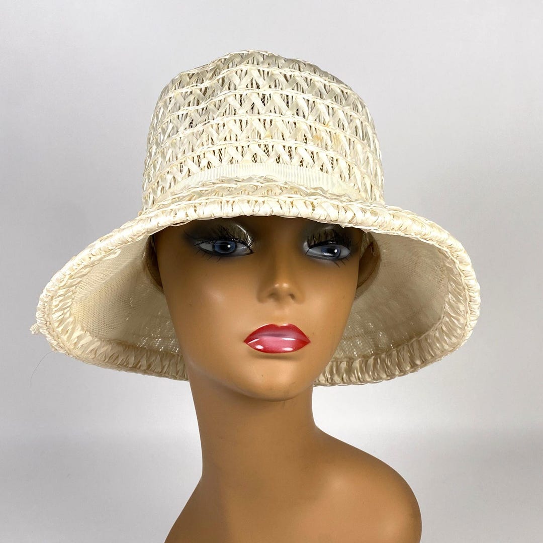 Vintage Wide Brim Straw Hat, Ivory With Ribbon Bow Accent, Union Label ...