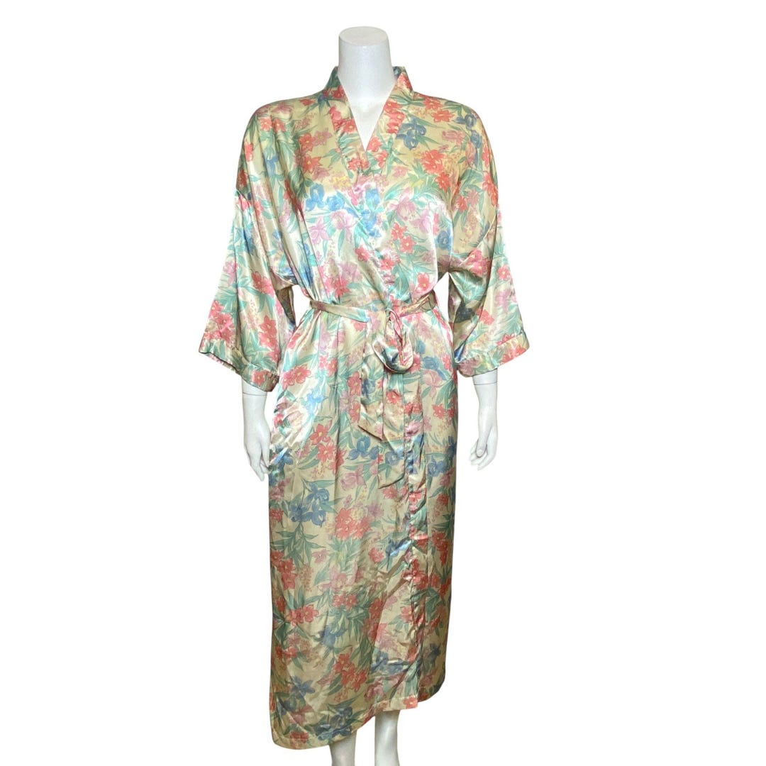 Beth Michaels Floral Satin Robe Womens Size M, Belted Tie Waist, 3/4 ...