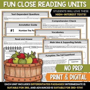 Fall Reading Comprehension Packet, 4th Grade Close Reading Activities ...