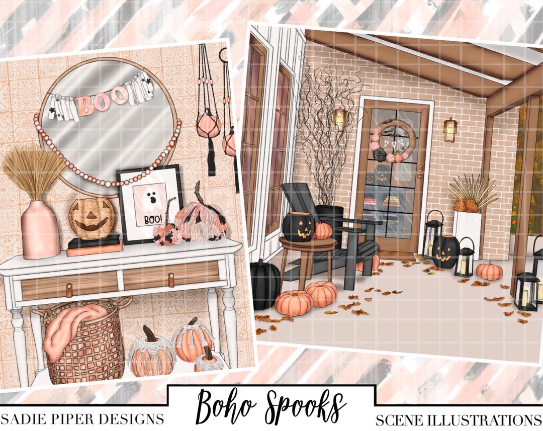 PASTEL BOHO SPOOKS Scenes, Halloween Scenery, Clipart for Planner ...